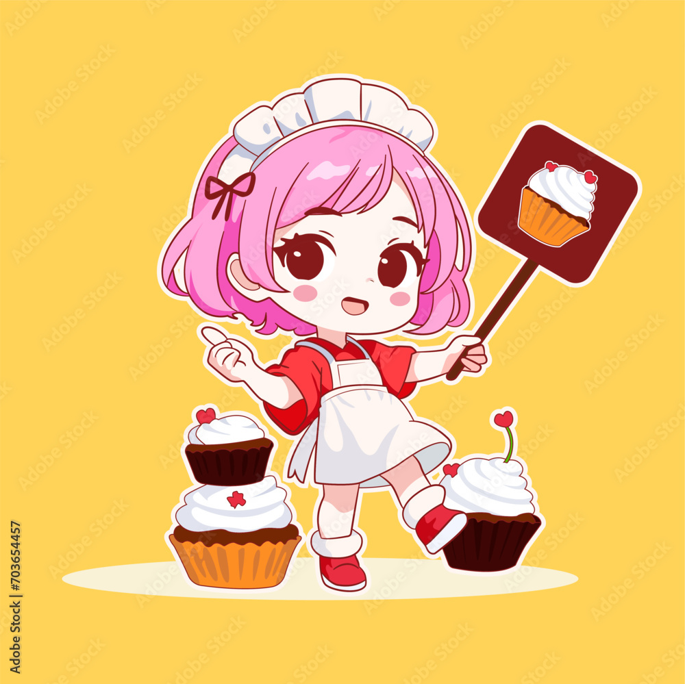 Vector happy cute girl uniform themed bakery food logo cartoon hand ...