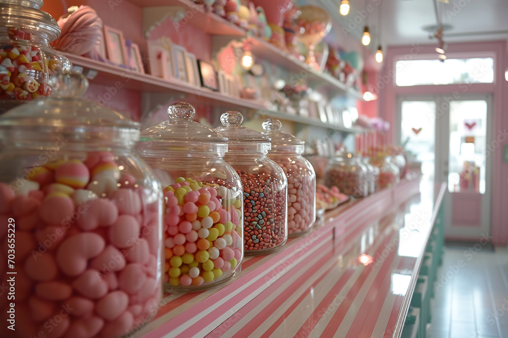 A whimsical candy shop transformed into a Valentine's wonderland, with ...