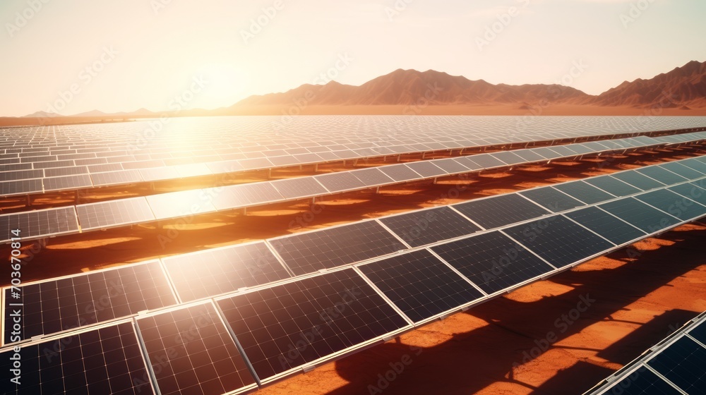 Generative AI Aerial shots capturing vast solar panel arrays in a ...