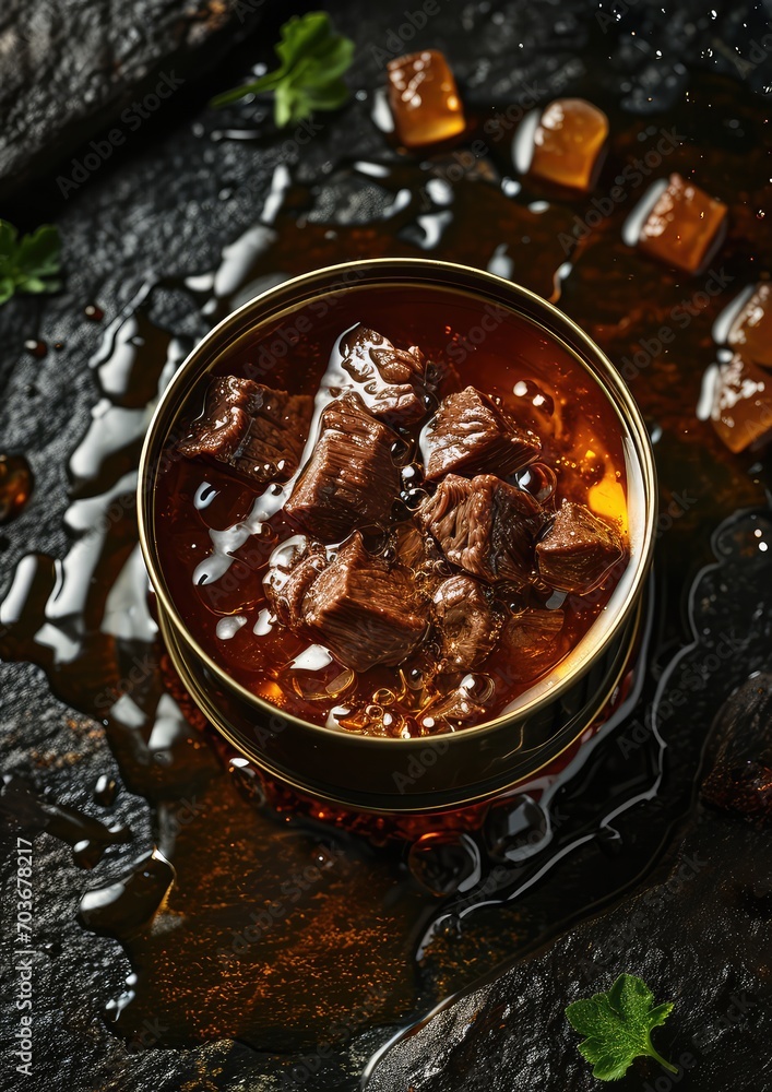 beef food, broken beef splashes into the air, there are dried beef ...