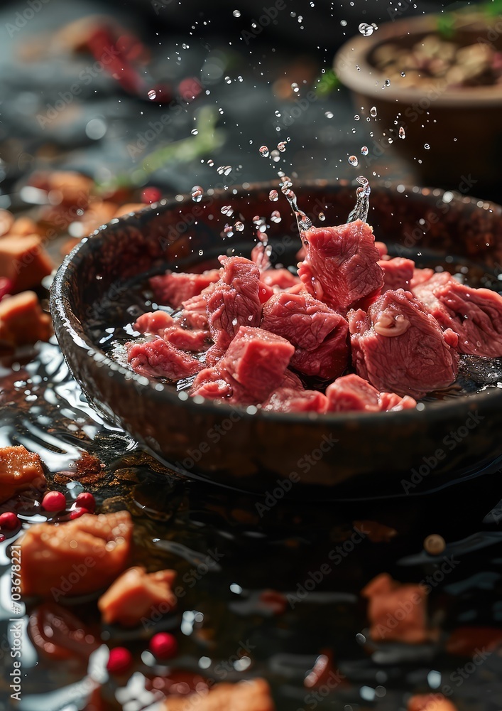 beef food, broken beef splashes into the air, there are dried beef ...