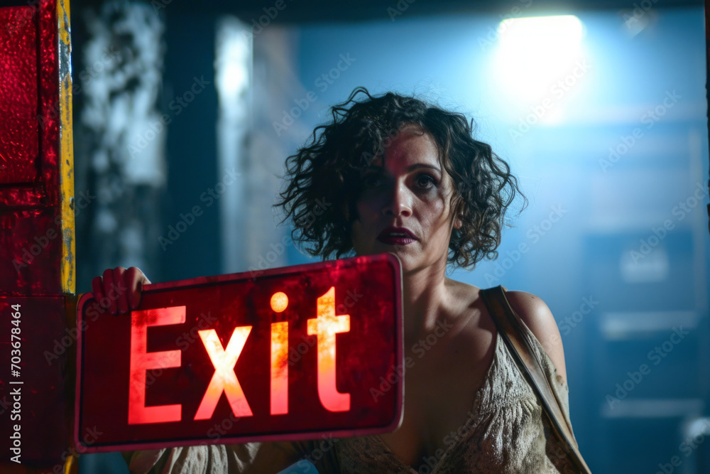 Exit concept image with sad depressed woman holding an Exit sign to ...
