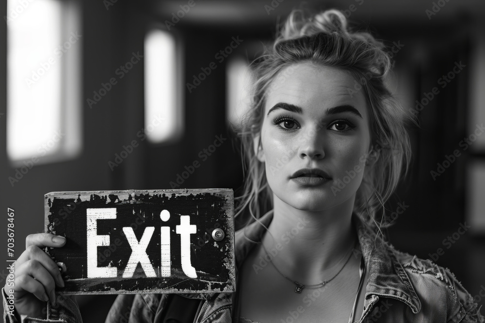 Exit concept image with sad depressed woman holding an Exit sign to ...