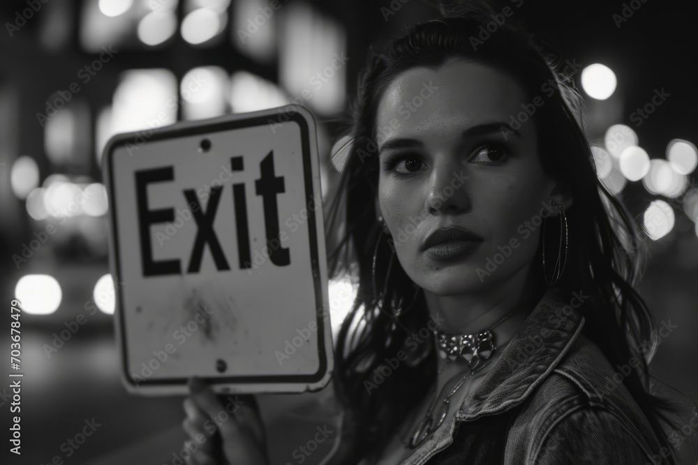 Exit concept image with sad depressed woman holding an Exit sign to ...