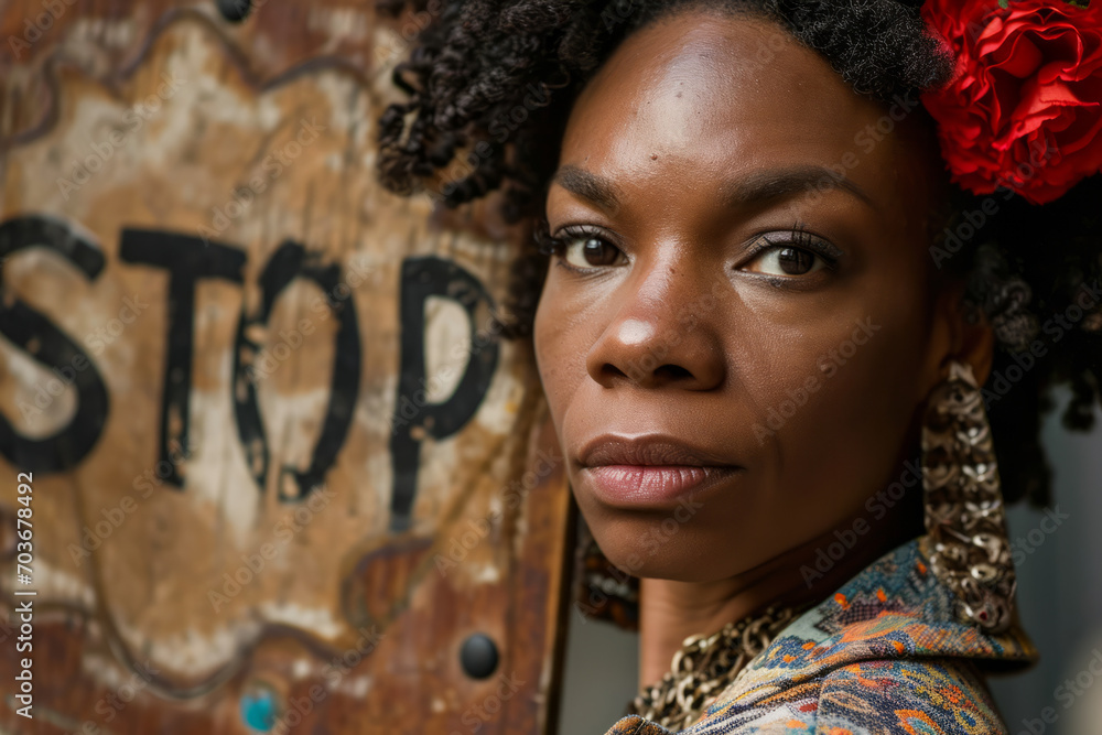 Stop concept image with black African american woman holding a sign ...