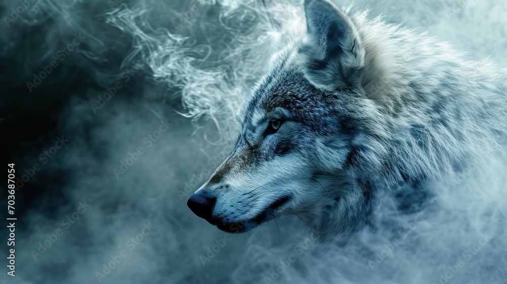 a wolf is shown in the midst of a foggy scene with smoke coming out of ...