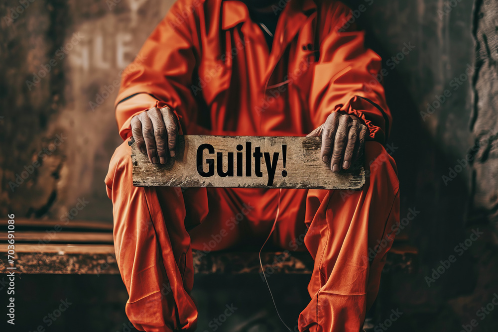 Guilty concept image with man in jail orange jumpsuit with a sign with ...