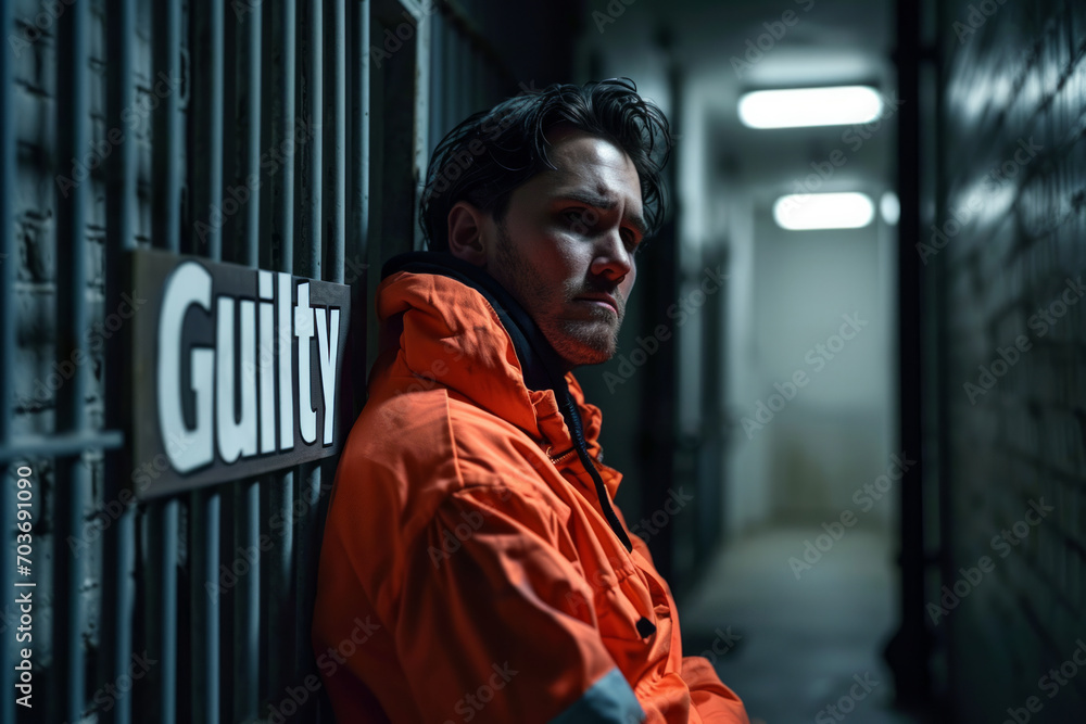 Guilty concept image with man in jail orange jumpsuit with a sign with ...