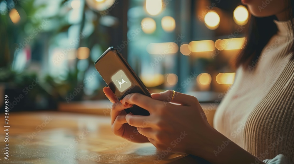 Woman hands using smartphone with 1 new email alert sign icon pop up ...