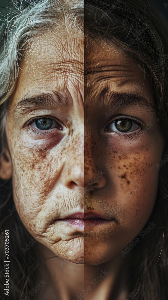 Aging Transformation - Close-up portrait of a person with half face ...
