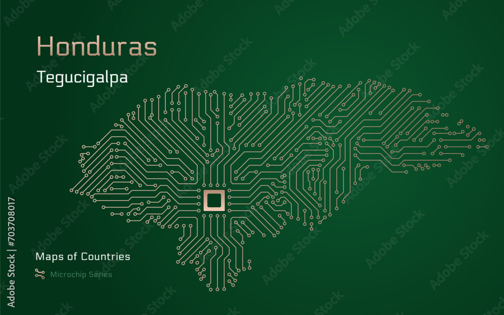 Honduras Map with a capital of Tegucigalpa Shown in a Microchip Pattern ...