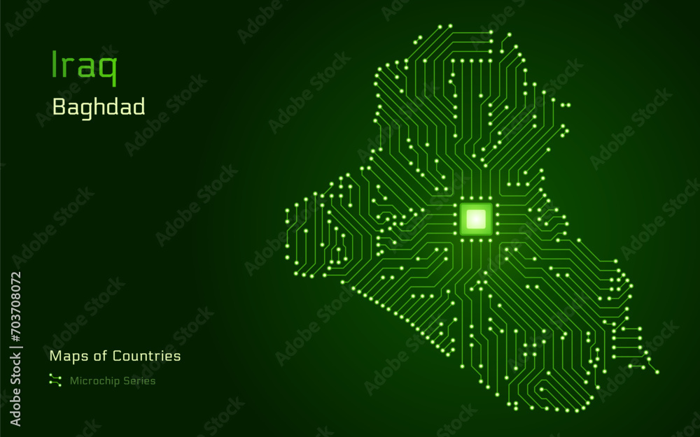 Iraq Map with a capital of Baghdad Shown in a Green Glowing Microchip ...