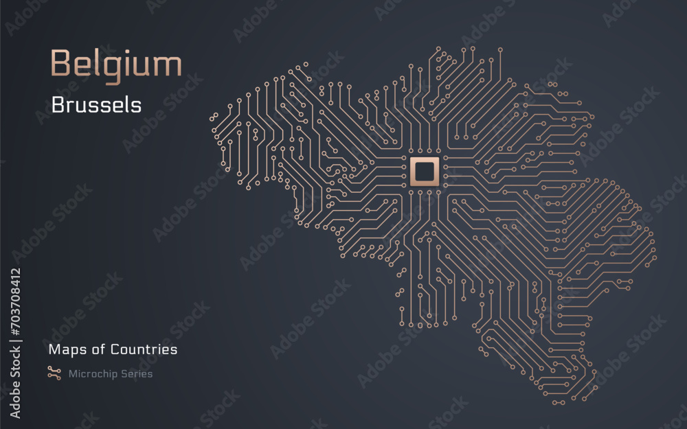 Belgium Map with a capital of Brussels Shown in a Microchip Pattern. E ...