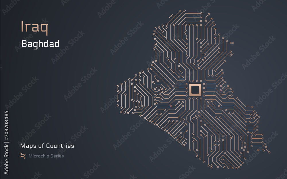 Iraq Map with a capital of Baghdad Shown in a Microchip Pattern. E ...