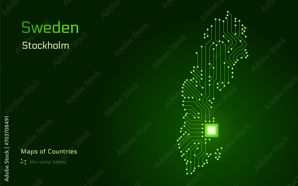 Sweden Map with a capital of Stockholm in a Green Glowing Microchip ...