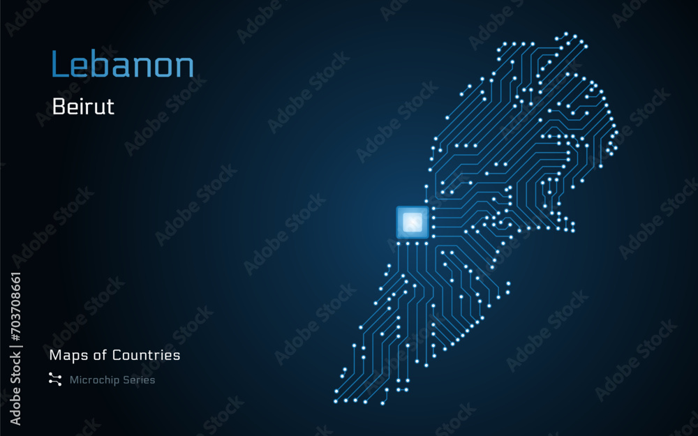Lebanon Map with a capital of Beirut Shown in a Blue Glowing Microchip ...