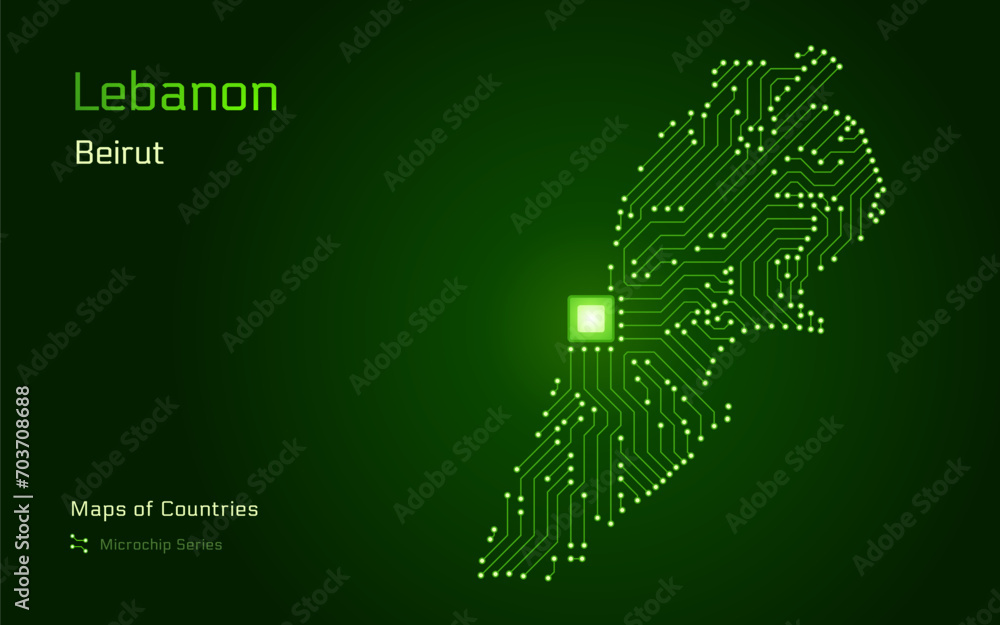 Lebanon Map with a capital of Beirut Shown in a Green Glowing Microchip ...