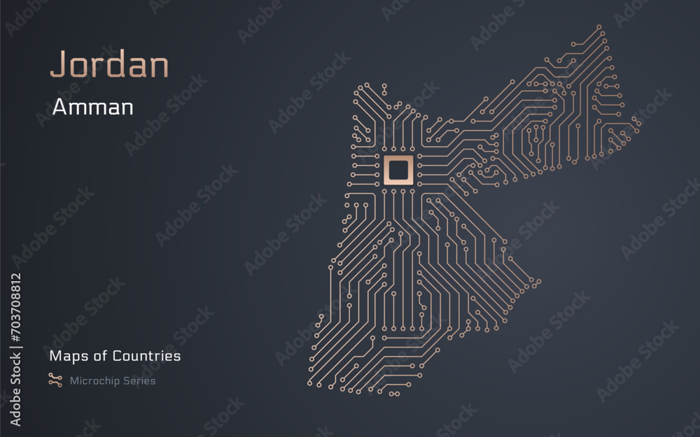 Jordan Map with a capital of Amman Shown in a Microchip Pattern. E ...
