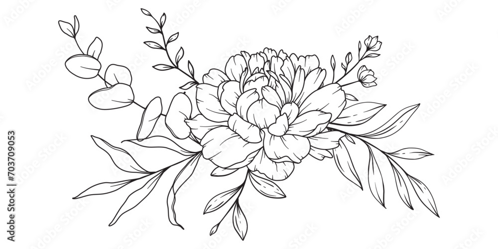 Peony Line Drawing. Black and white Floral Bouquets. Flower Coloring ...
