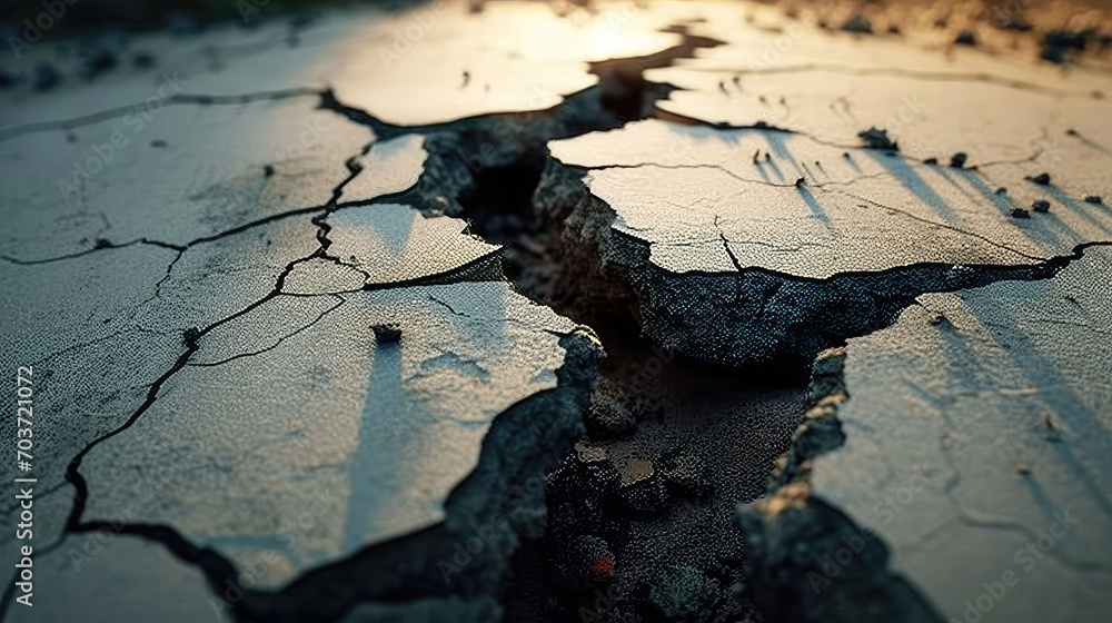 A cracked road with a sun shining through it. A dramatic and impactful ...