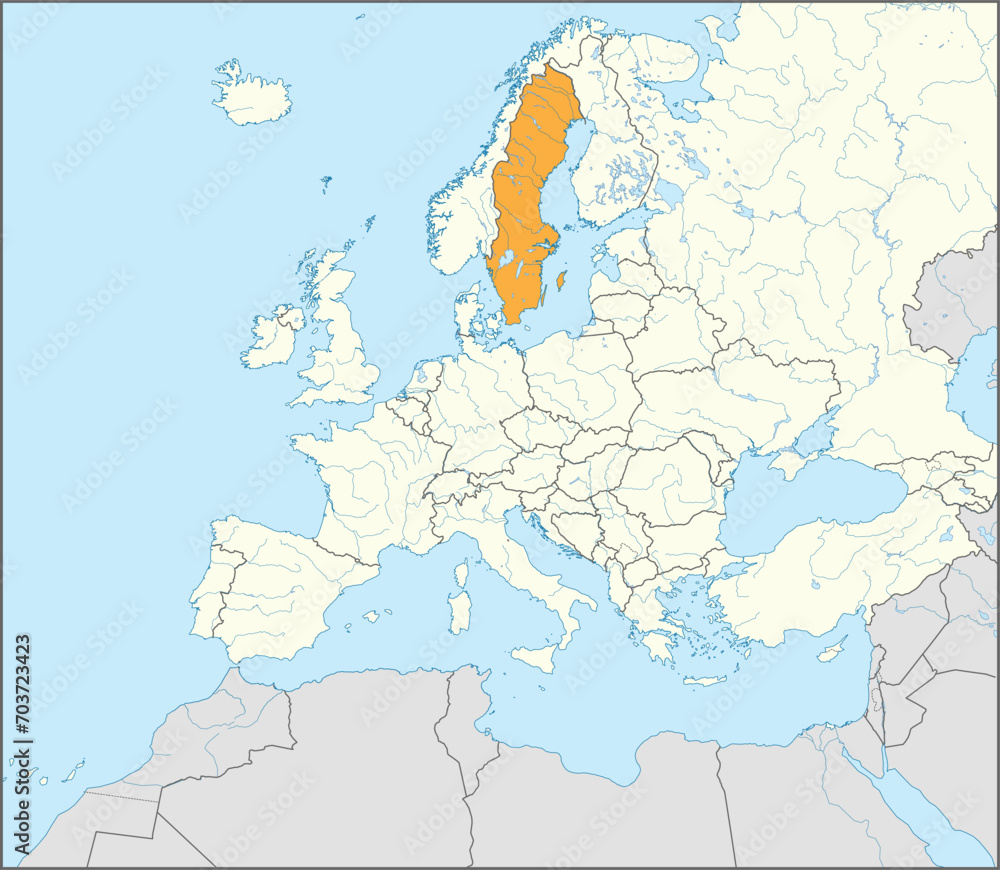 Vetor de Orange CMYK national map of SWEDEN inside detailed beige blank ...