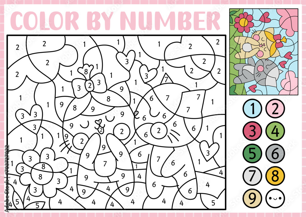 Vetor de Vector Saint Valentine color by number activity with cute ...