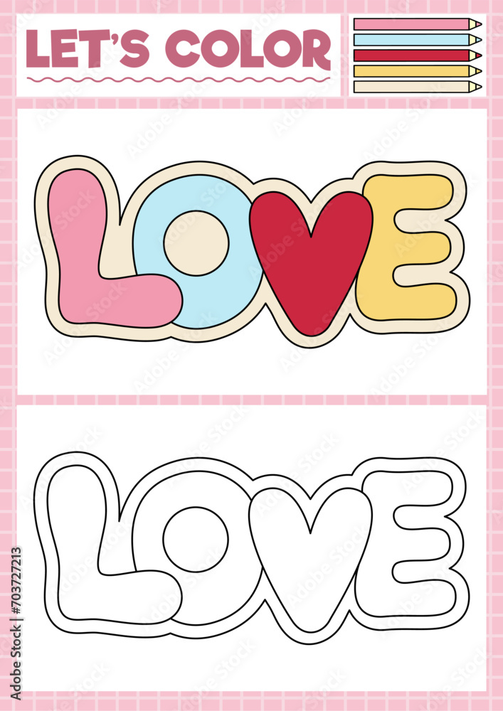 Saint Valentine coloring page for children with cute kawaii love word ...