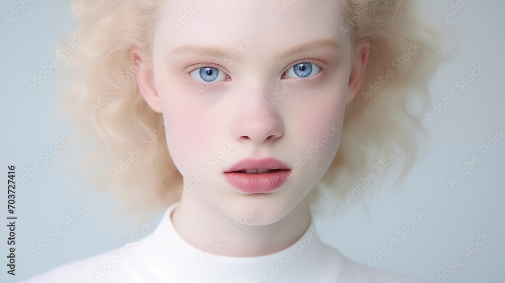 Portrait of beautiful albino teen girl with naive facial expression and ...