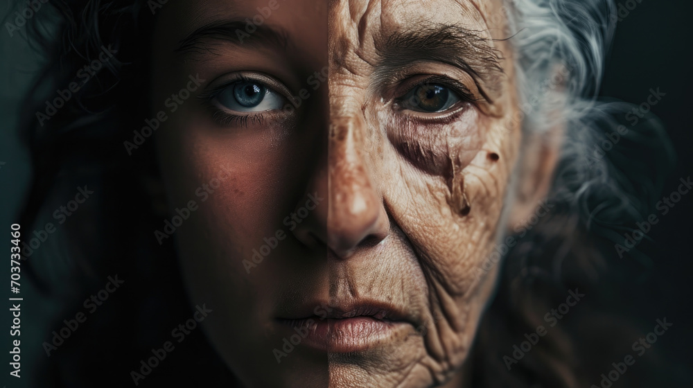Half Young, Half Old - Dramatic close-up portrait of a person with ...