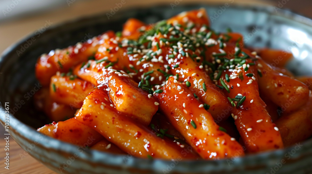 Tteokbokki, a spicy and savory Korean dish of deep-fried rice cakes in ...