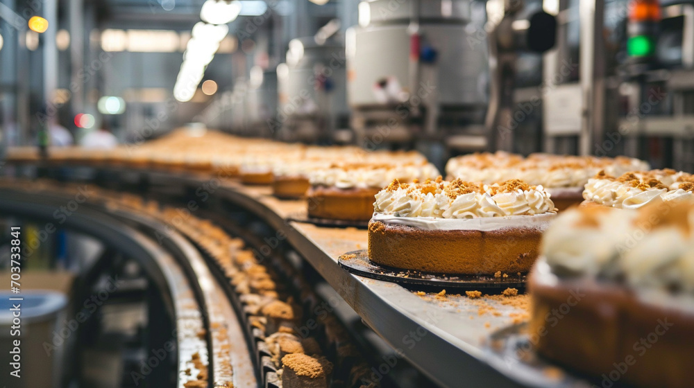 In a bakery food factory, cakes are lined up on an automated round ...