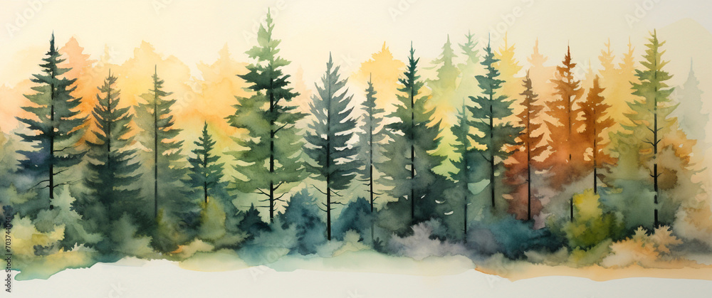 Pine trees background template, pine trees forest watercolour ...