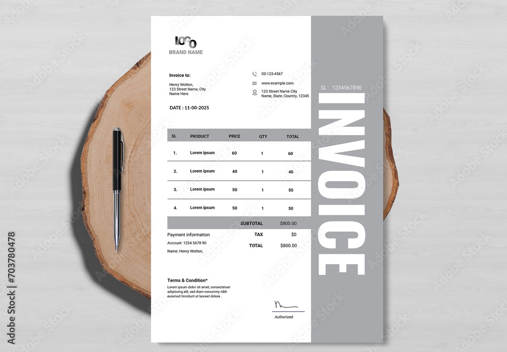 Cyan And White Color Invoice Template Stock Template | Adobe Stock