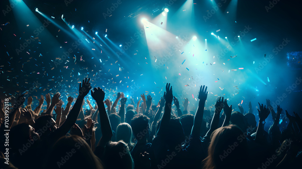 Live night club crowd cheering, confetti falling all over Stock Photo ...