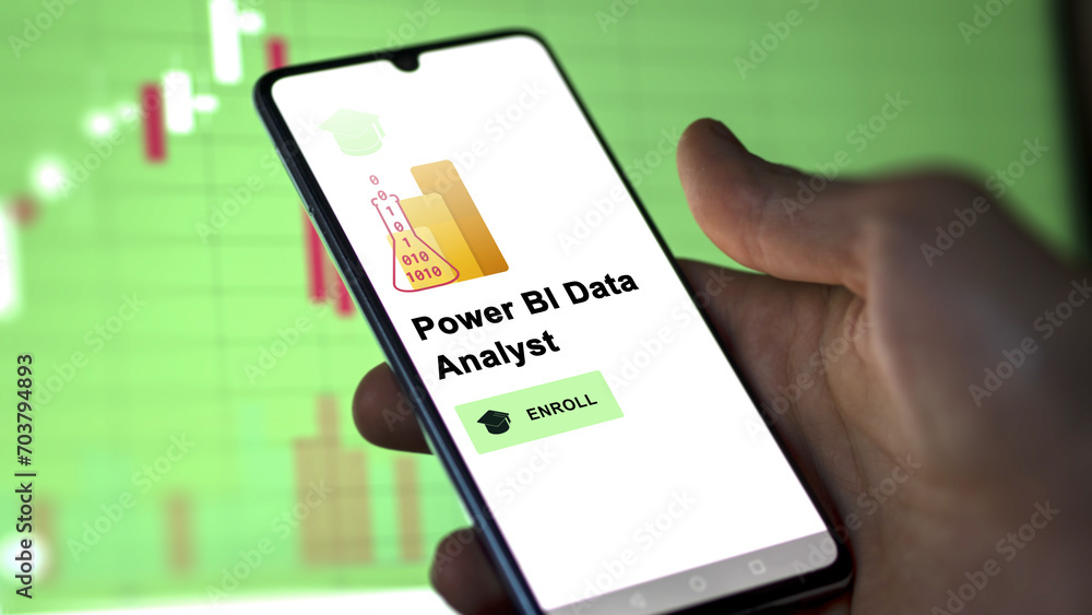 January 03th 2024. Student enrolls to Power BI Data Analyst program on a phone, upskilling ...