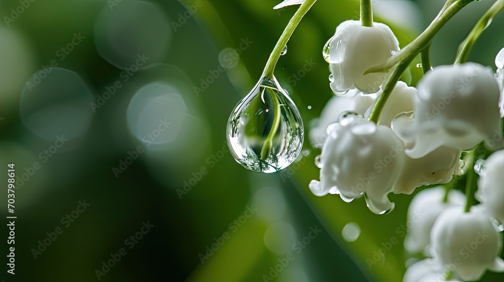 White flowers Lilly of The Valley with rain water drops in garden. Lily ...