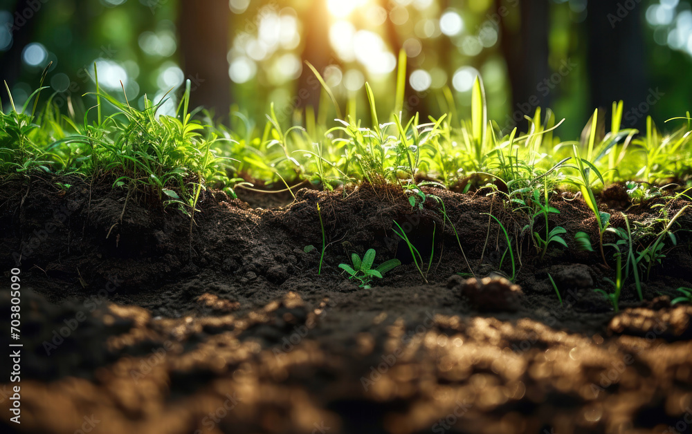 Cross-section of vibrant green grass growing on fertile soil, with a ...