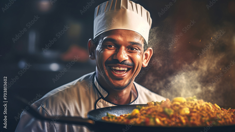 Smiling Indian chef cooking flavorful spicy dish showcasing rich ...