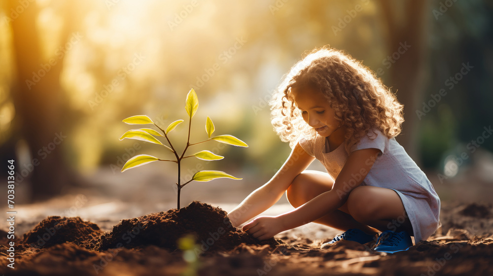 Little girl carefully plants tree sapling in ground of sunlight garden ...