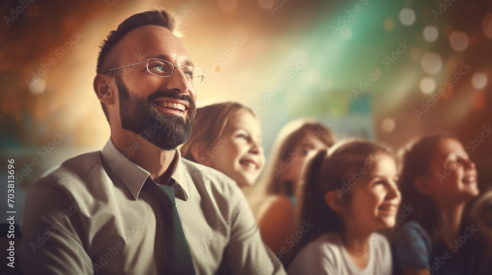Handsome smiling man teacher in children class radiates positivity ...