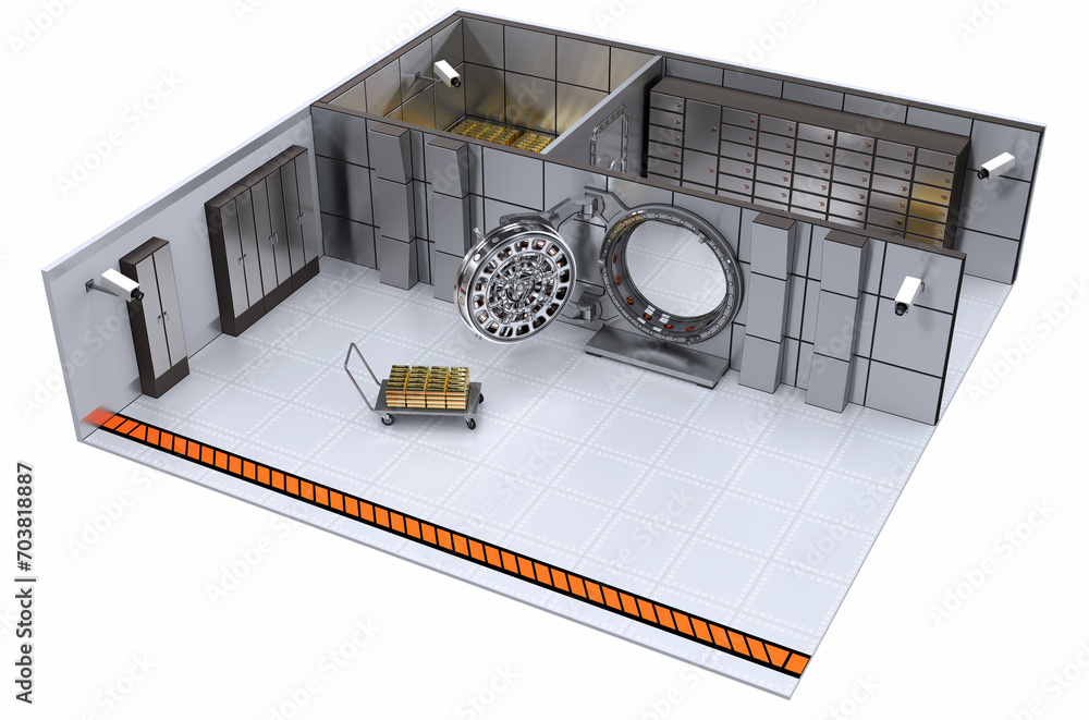 Bank vault interior isometric, open vault door. 3d illustration ...