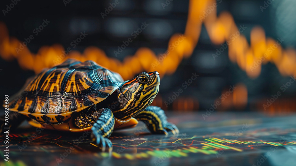 turtle on the table and uptrend stock chart background, investments ...