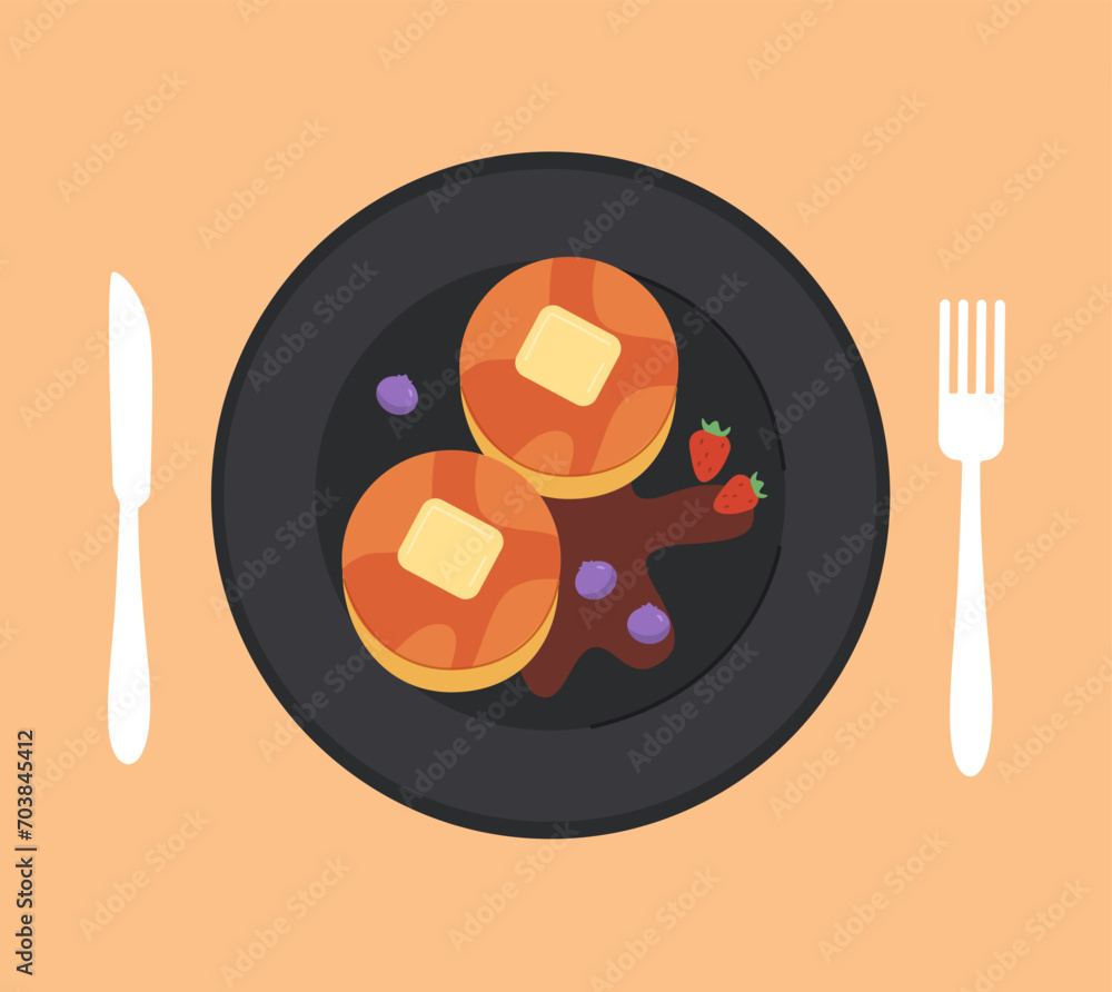 Top view at breakfast concept. Black dish with twopancakes with butter ...