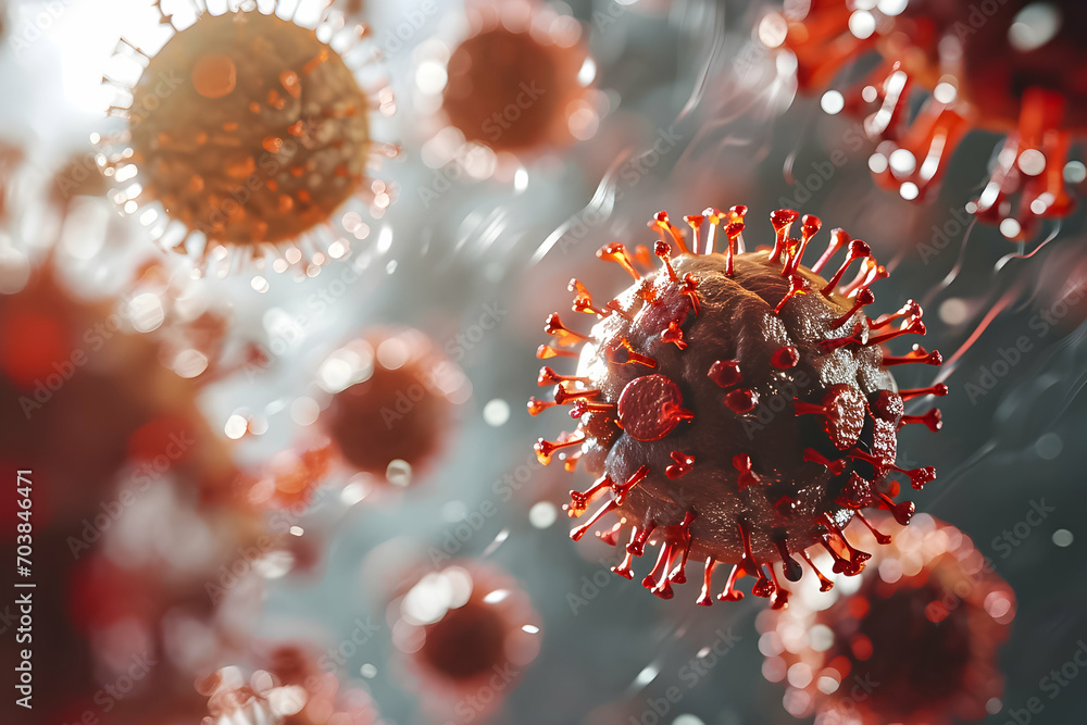 Microscopic view of pathogens with prominent spikes in a dramatic ...