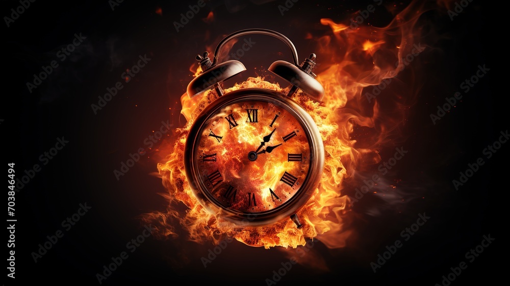 Clock on fire, clock face consumed as time burns away. Time Running Out ...
