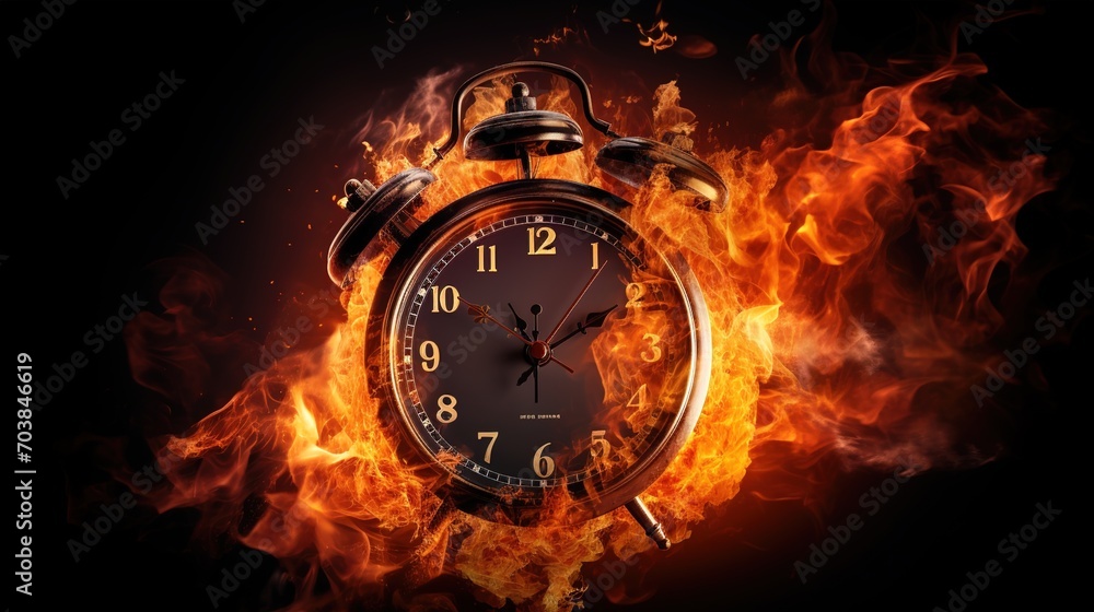 Clock on fire, clock face consumed as time burns away. Time Running Out ...