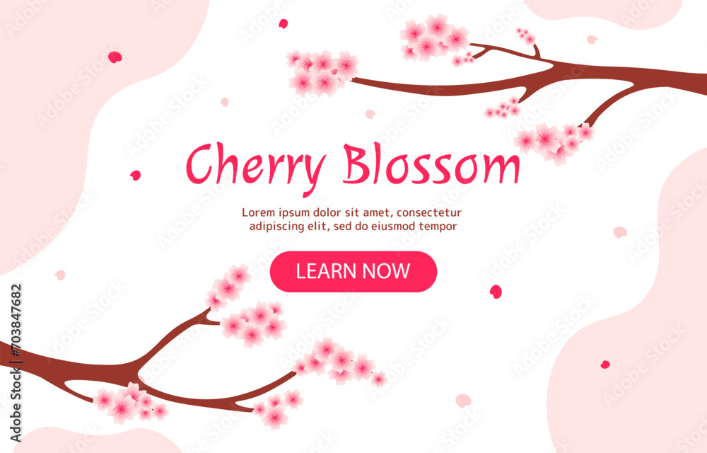 Cherry blossom poster. Branches of sakura with foliage and leaves ...