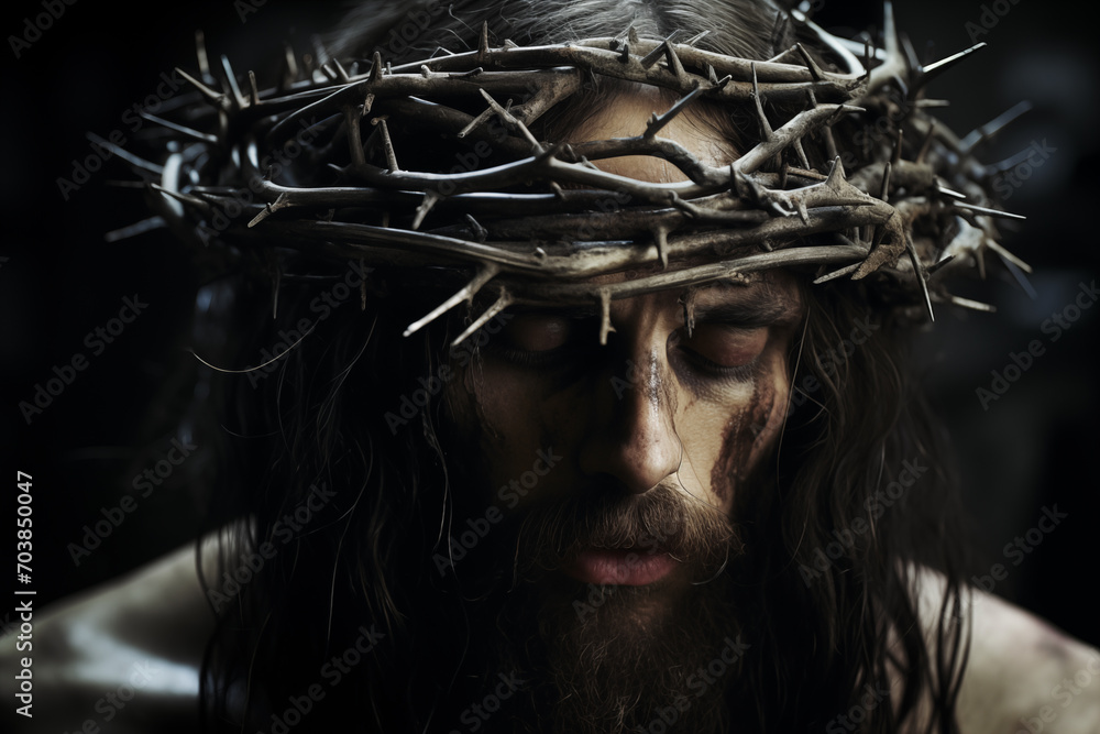 Jesus countenance is solemn, his crown filled with sharp thorns ...