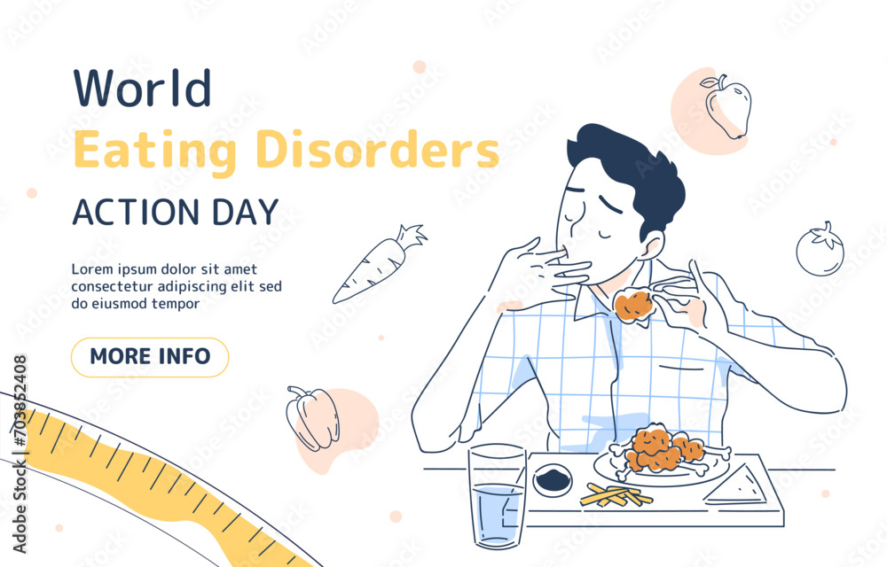 World eating disorders day poster. Man with bowl of unheathy eating ...