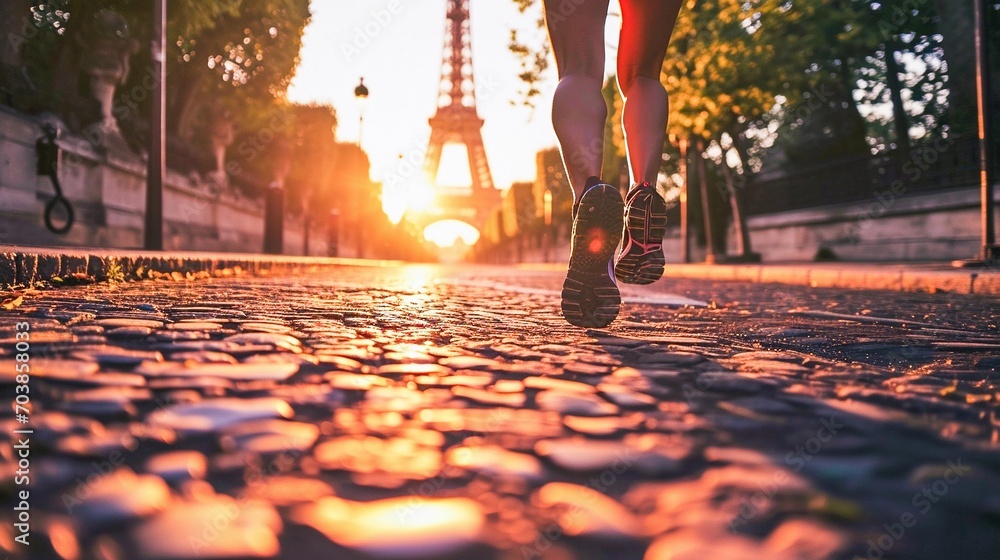 Athlete woman running in her sneakers in the streets of Paris with ...